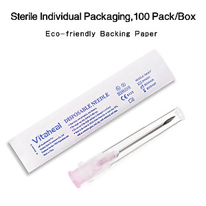 Vitaheal 100 Pack 18 Ga 1 Inch Needle, Luer Lock, Industrial Accessories, Sterile Individual Package for Lab Scientific Measuring, Refilling Inks, Plant and Industry