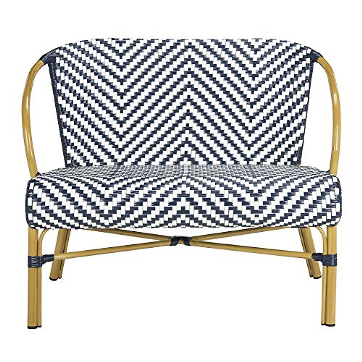Safavieh PAT4016A Outdoor Collection Dandra Navy and White Herringbone Rattan Settee