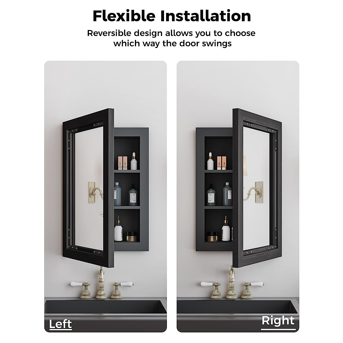 FLYJOE Medicine Cabinet Mirror 16 x 24 Inch Farmhouse Bathroom Mirror Door Paulownia Wood Storage Cabinet with Adjustable Shelves, Wall Mounted for Bathroom Living Room, Black