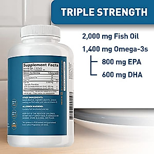 Dr. Tobias Omega 3 Fish Oil – Triple Strength Dietary Nutritional Supplement – Helps Support Brain & Heart Health, Includes EPA & DHA – 2000 mg per Serving,180 Soft Gel Capsules