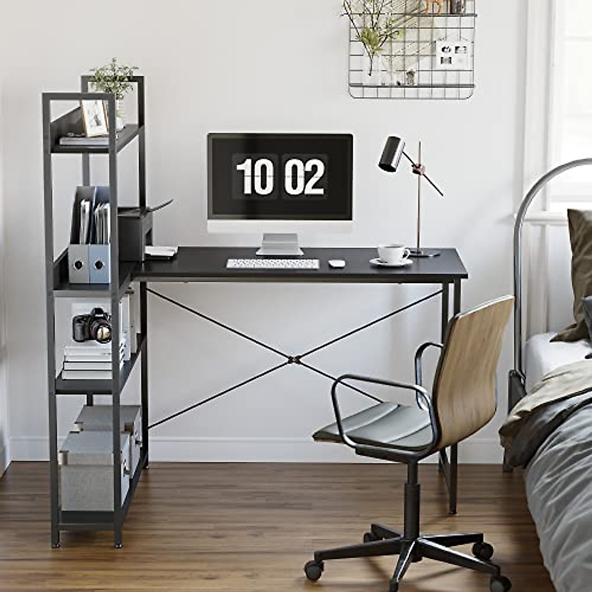 CubiCubi Computer Corner Desk with Storage Shelves, 55 Inch Reversible Small L Shaped Computer Desk, Home Office Writing Desk with 2 Hooks, Black