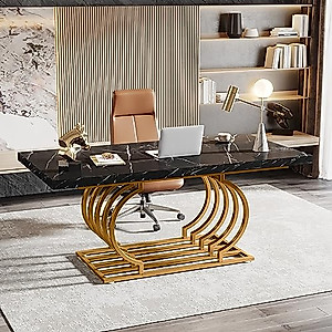 Tribesigns 63" Modern Office Desk, Black and Gold Executive Desk, Large Computer Desk Home Office Desk with Gold Metal Frame, Wood Workstation Study Writing Desk