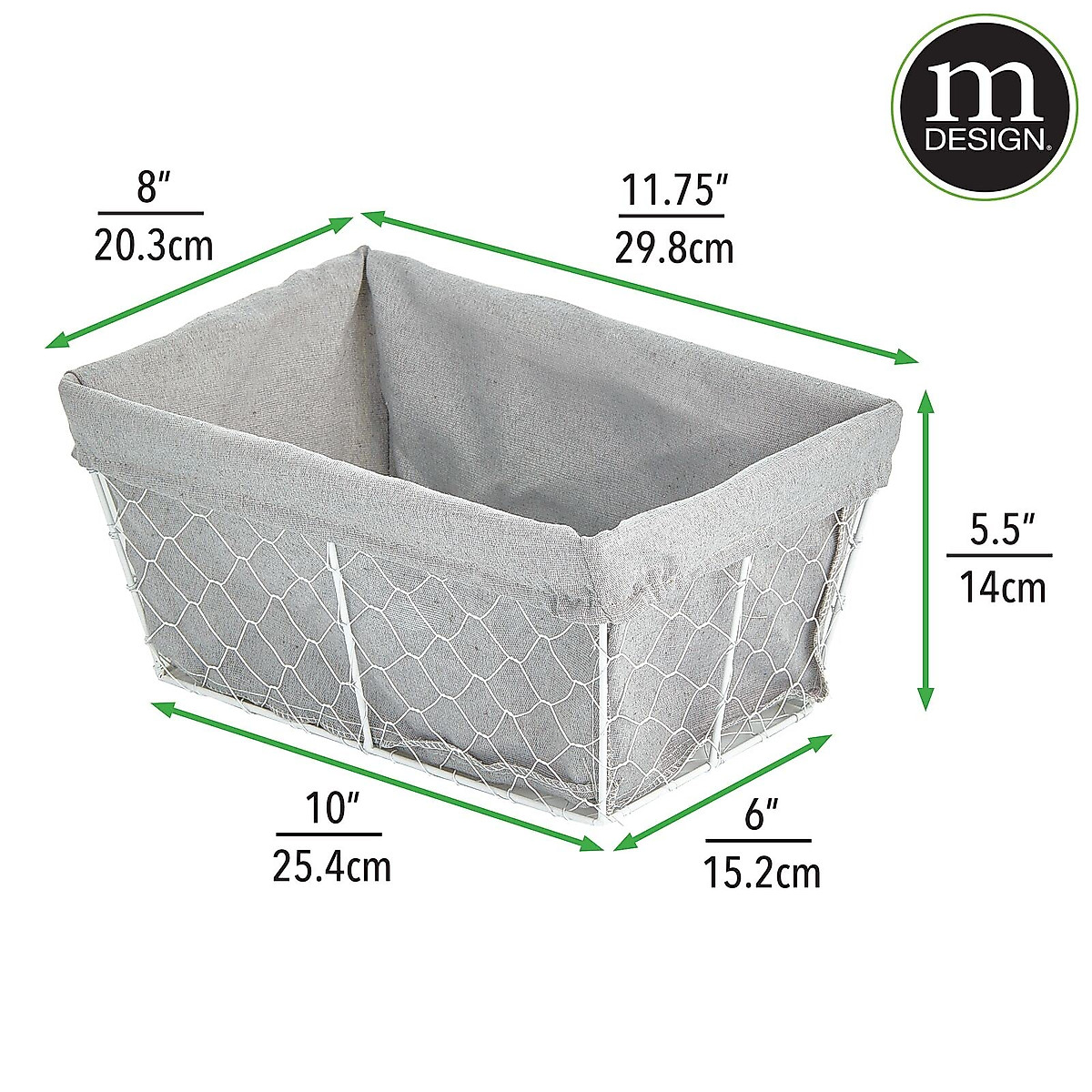 mDesign Medium Metal Farmhouse Home Storage Organizer Basket - Chicken Wire Design, Fabric Liner for Kitchen, Bathroom, Living Room, Pantry, Cupboard, Shelves, Countertop, 2 Pack, White/Gray