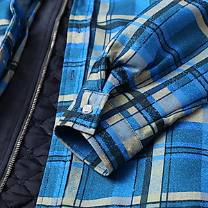 CHSWVUKQ Mens Thermal Quilted Lined Flannel Sherpa Jacket Button Long Sleeve Thicken Warm Pockets Hood Plaid Shirt Coat, 01-blue