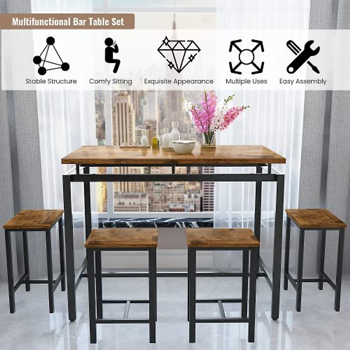 AWQM Bar Table and Chairs Set,Industrial Dining Table Set for 4,Small Kitchen Table Wood Pub Bar Table Set,Dining Room Table Set for Small Space, Breakfast Nook,Living Room,Walnut