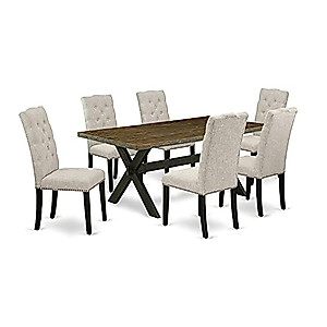 East West Furniture X677EL635-7 7-Piece Dining Table Set - Dining Table Rectangular Top and 6 Parson Dining Chairs Padded Seat and Back (Distressed Espresso & Wire Brushed Black Finish)