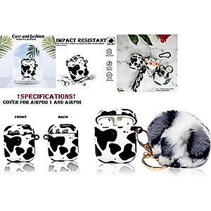 Redx1 Cow Airpod Case with Pompom and Strap Keychain Compatible with AirPods 2/1,Airpods Protective Hard Case Cover, Airpod Case for Women Girls Teen (Cow Print)