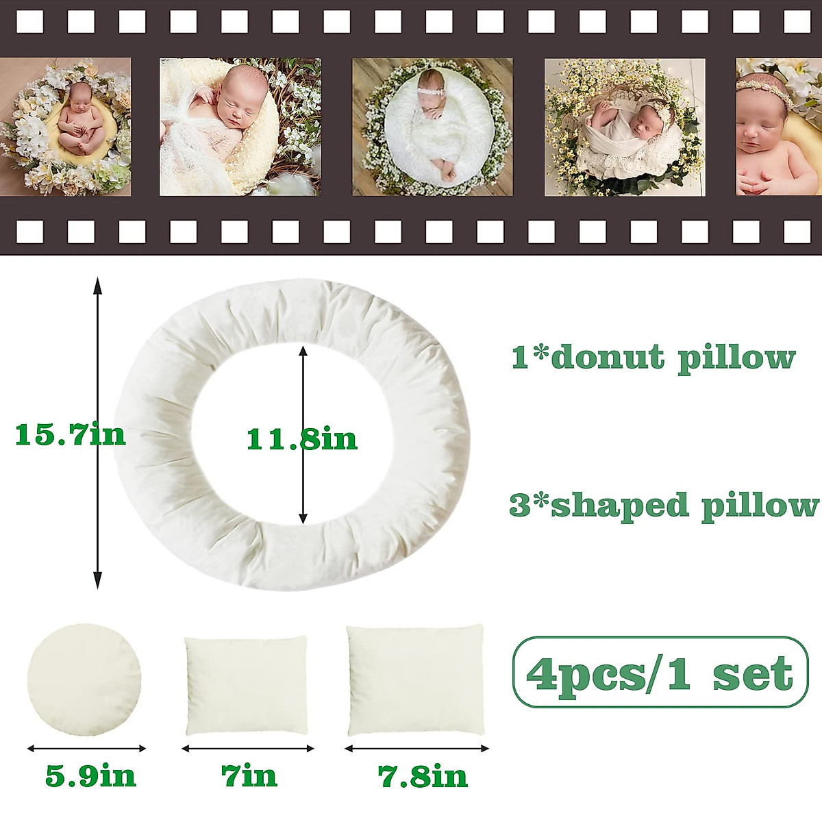 4PC Newborn Photography Props Baby Posing Aid Pillow Beans Bag 1pc Donut +3 pcs Posing Pillow Photograph Shoot Set for 0-4 Months Baby White