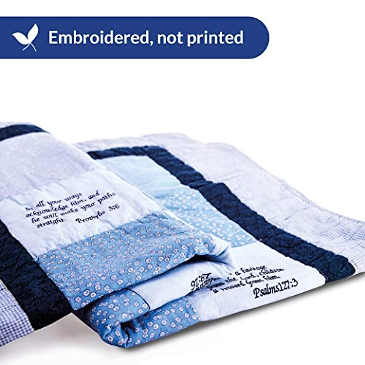 Christian Baby Gift for Boy, Soft Blue Cotton Quilt Embroidered with 9 Bible Verses for Baby Shower, Baptism, Dedication, Grandson, Godson, Etc.