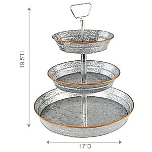 HOME-X Galvanized 3-Tier Stand, Rustic Home Decor, Farmhouse Kitchen Tray, Metal Fruit Stand and Dessert Stand, Tier Party Serving Tray, 17" D x 19 ½” H, Silver