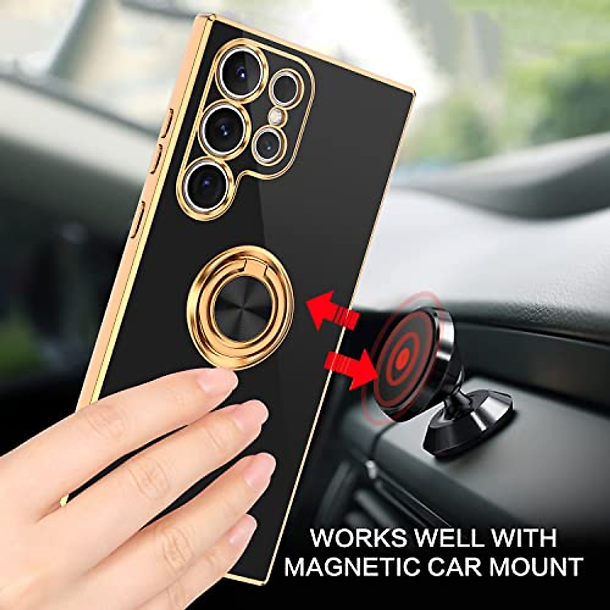 BENTOBEN Compatible with Samsung S23 Ultra Case with 360° Ring Holder, Shockproof Slim Kickstand Magnetic Support Car Mount Women Men Protective Phone Case for Samsung Galaxy S23 Ultra, Black/Gold