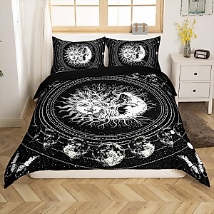 Erosebridal Tree of Life Comforter Cover,Sun and Moon Duvet Cover,Black and White Moon Phase Bedspread Set Breathable Soft,Mandala Butterfly Galaxy Astrology Bed Cover Full with 2 Pillow Shams