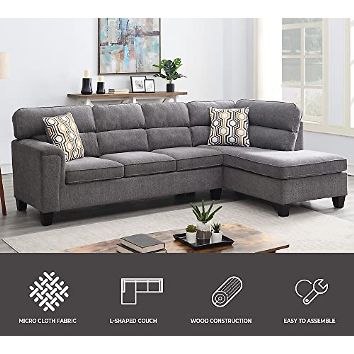 118" Wide Large Modern Upholstered L-Shaped Sectional Sofa with 2 Cushions, Modern Tufted Micro Cloth Couch with Soft Memory Foam Seats, 5 Seater Modular Sofa - Grey - Oliver & Smith