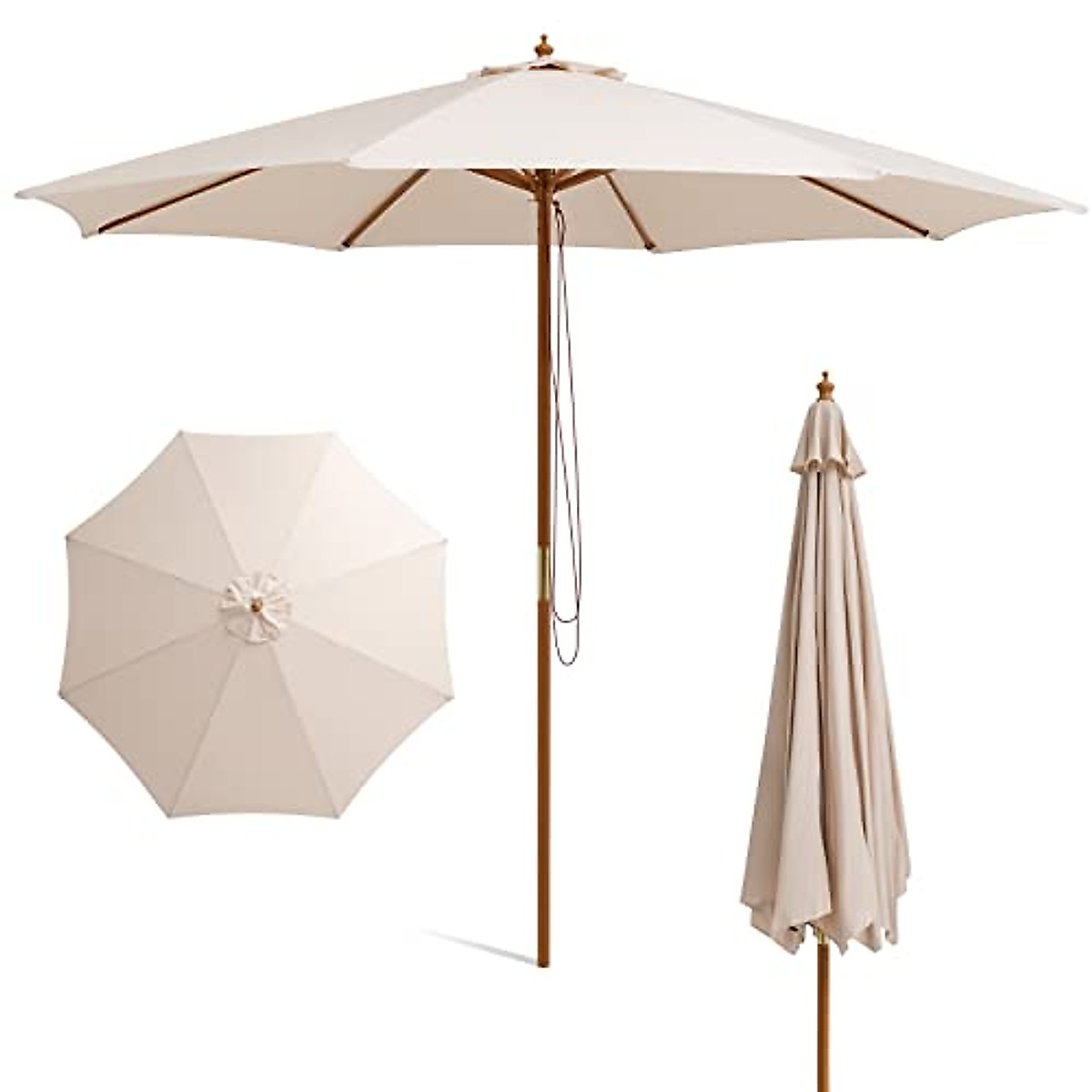 HAPPYGRILL 10 FT Patio Wooden Umbrella Table Market Umbrella with 8 Bamboo Ribs, 3 Adjustable Heights, Rope Pulley Lift, Detachable Pole & Vented Roof, Outdoor Umbrella for Garden Poolside Backyard