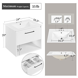 Yaheetech 24" Bathroom Vanity with Sink, Wall Mounted Bathroom Sink Cabinet with 1 Drawer and Open Shelf, Modern Clearance Bathroom Vanities with Sink Combo Set