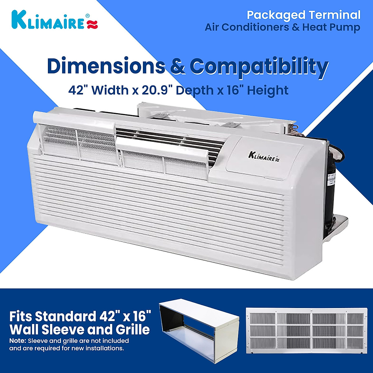 Klimaire PTAC 12,000 BTU Air Conditioner Heat Pump R-32 with Remote Control & 3.5 kW Electric Heater -230V