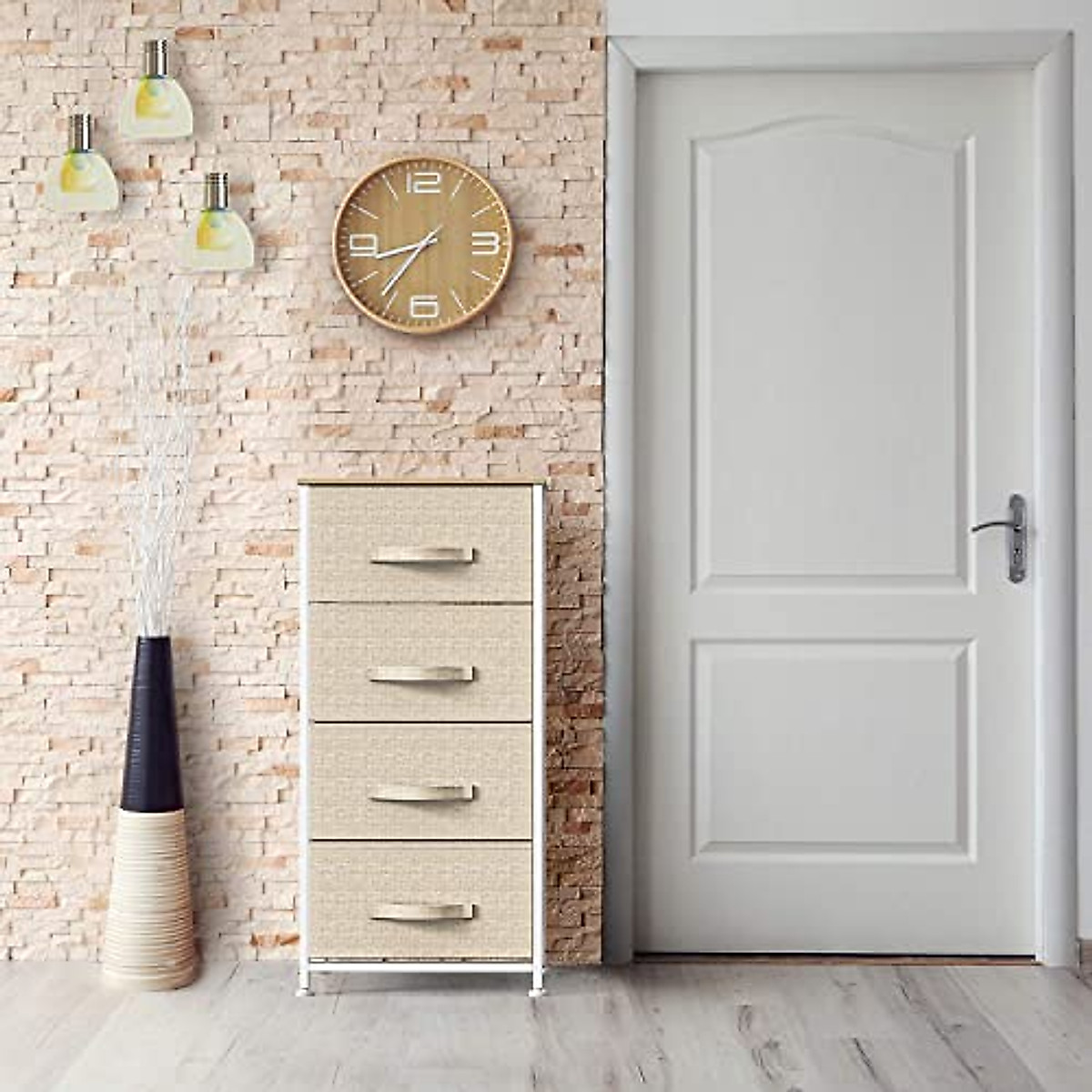 Pipishell Dresser with 4 Drawers, Tall Storage Tower with Sturdy Steel Frame Wood Top，Fabric Dresser Organizer Unit for Bedroom, Hallway, Entryway, Closets, Nursery Room