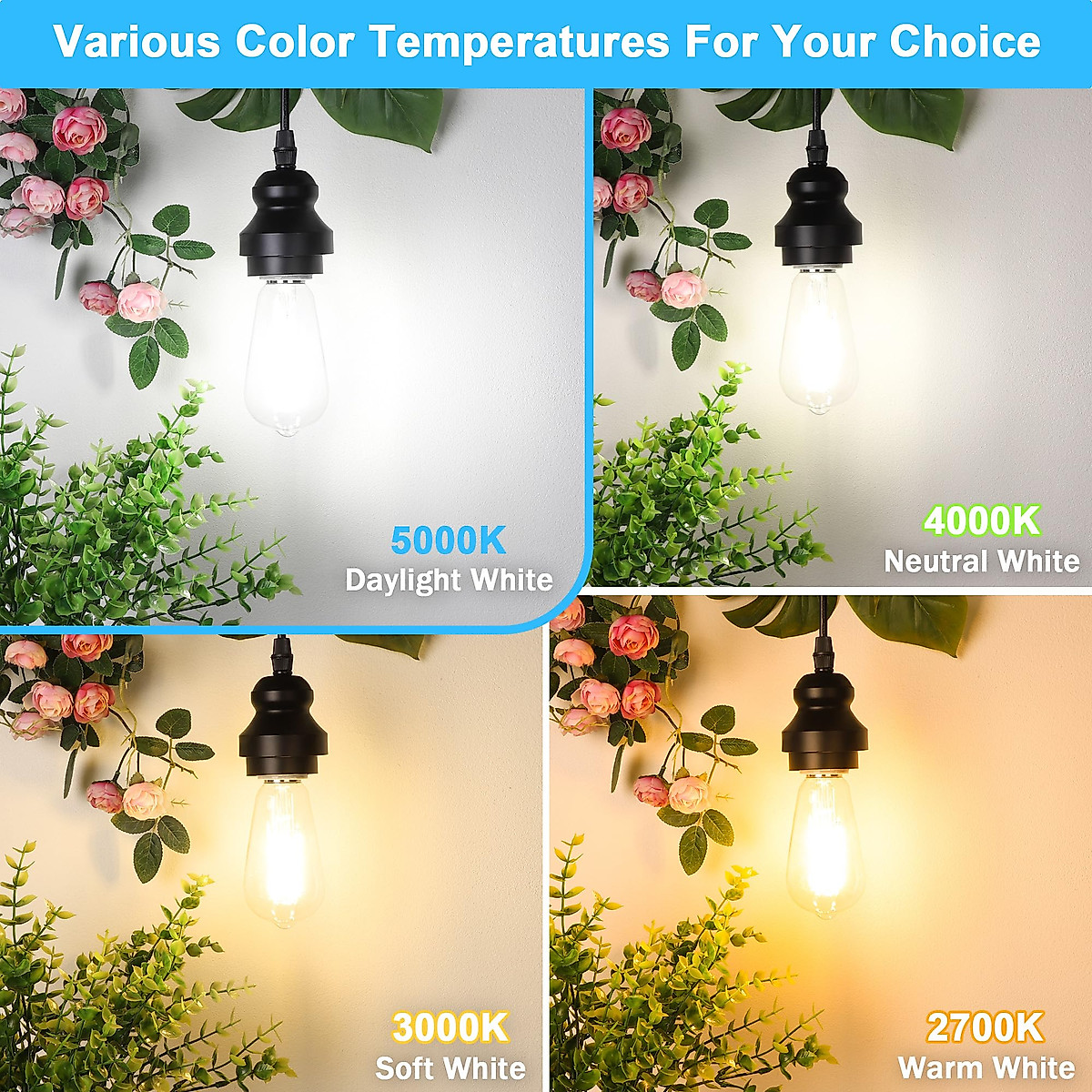 ASOMST 4-Pack Vintage LED Edison Bulbs 60W Equivalent, 850LM 6W Edison Light Bulb Daylight White 5000K, ST58 LED Filament Bulb E26 Base, Non-Dimmable