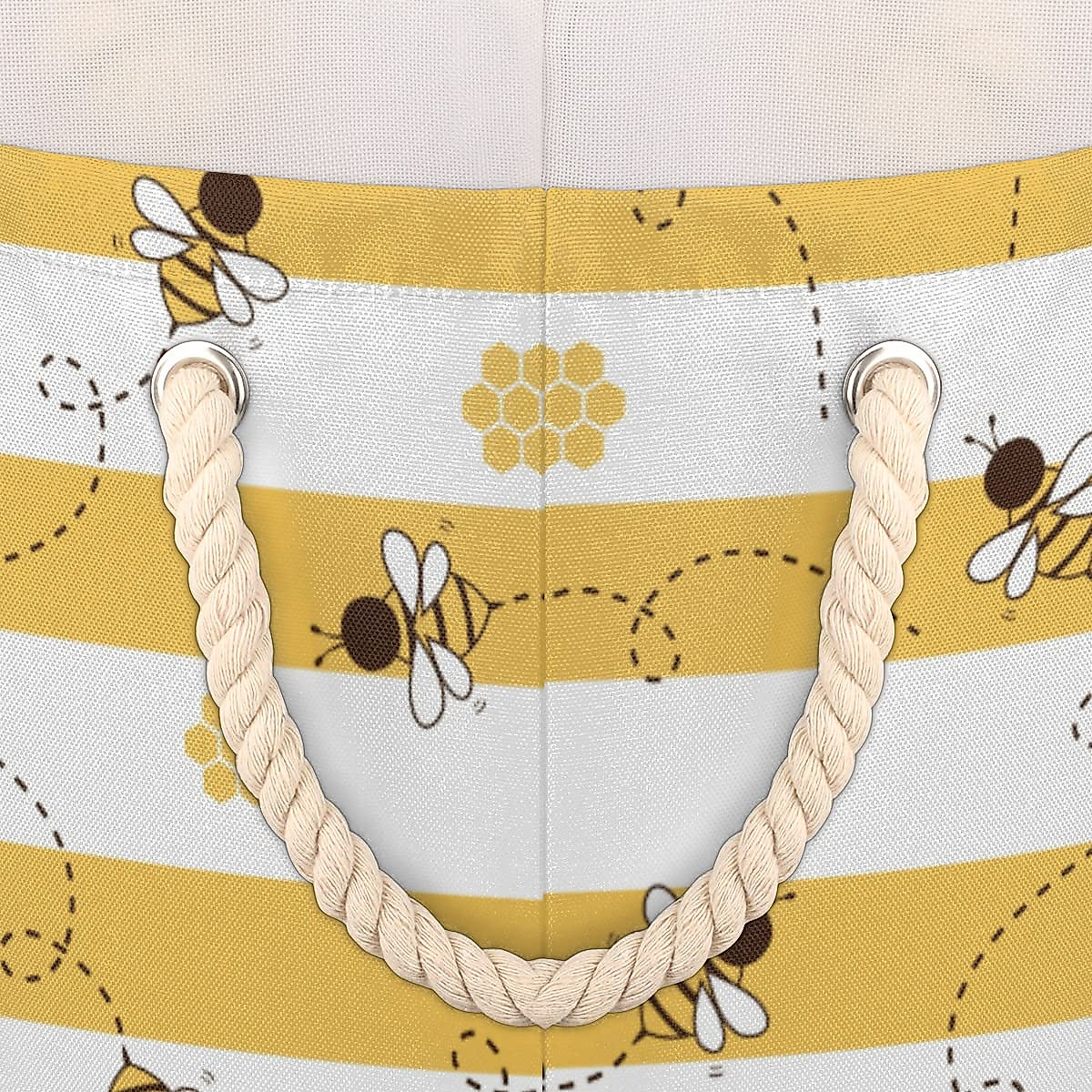 Bee Large Round Storage Bin Basket, Honeycomb Stripe Bee Decor Foldable Clothes Bag Folding Washing Bin Collapsible Fabric Laundry Hamper with Handle for Toys Stuffed Blanket Closet Bedroom Nursery