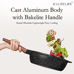 ESLITE LIFE Nonstick Deep Frying Pan with Lid, 5 Quart/11 Inch Granite Coating Sauté Pan Compatible with All Stovetops (Gas, Electric & Induction), PFOA Free, Black