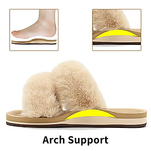 COFACE Fuzzy Slippers for Women Open Toe Orthopedic Slippers with Arch Support Fluff Fax Fur Ladies Plantar Fasciitis Slippers for Woman Indoor House Slides size 8