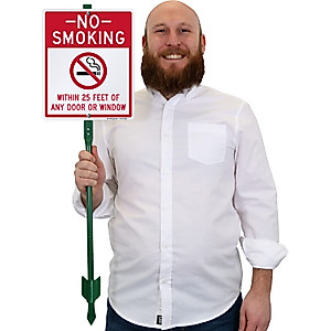 SmartSign 12 x 10 inch “No Smoking Within 25 Feet Of Any Door Or Window” LawnBoss Yard Sign with 3 foot Stake, 40 mil Laminated Rustproof Aluminum, Red, Black and White, Set of 1, Made in USA