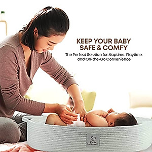 Baby Changing Basket with Thick Mattress Waterproof & Portable. 100% Cotton Rope Baby Basket, Gift & Diaper Organizer for Newborns, Nursery Decor Changing Table Topper for Dresser.