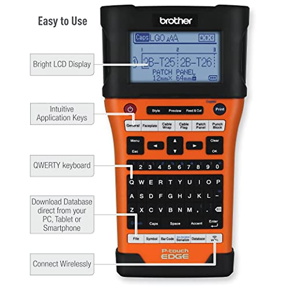 Brother P-Touch Edge PT-E550W Electronic Label Maker, Industrial Wireless Handheld Labeler PTE550W, Orange - Up to 30mm/sec, 180 x 360dpi, Auto Strip Cuttter, Backlit LCD Screen