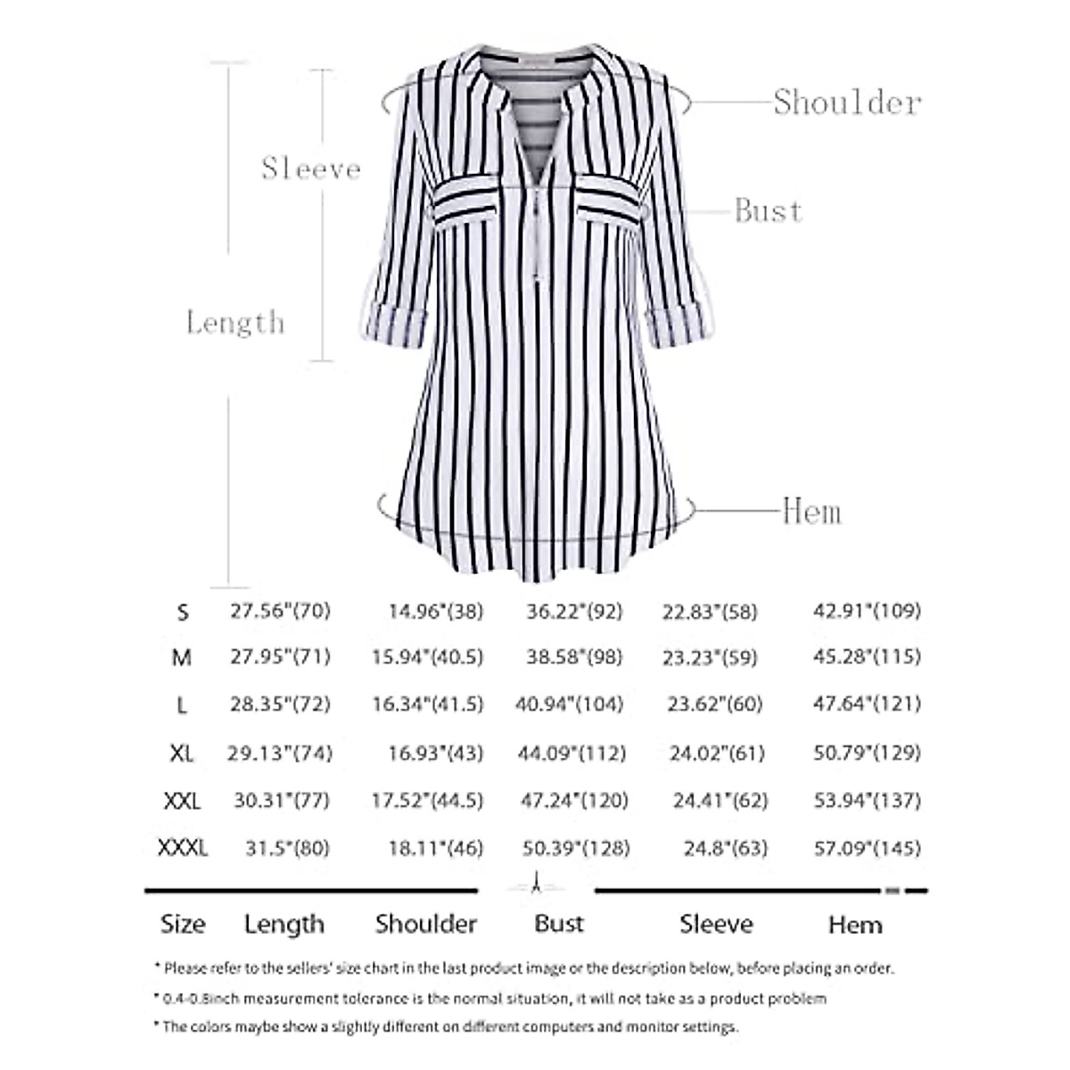 Bulotus 3/4 Sleeve Shirts for Women Plus Size, Ladies Tops and Blouses Casual Summer Fall V Neck Long Tunics to Wear with Leggings Business Casual, Stripe, X-Large