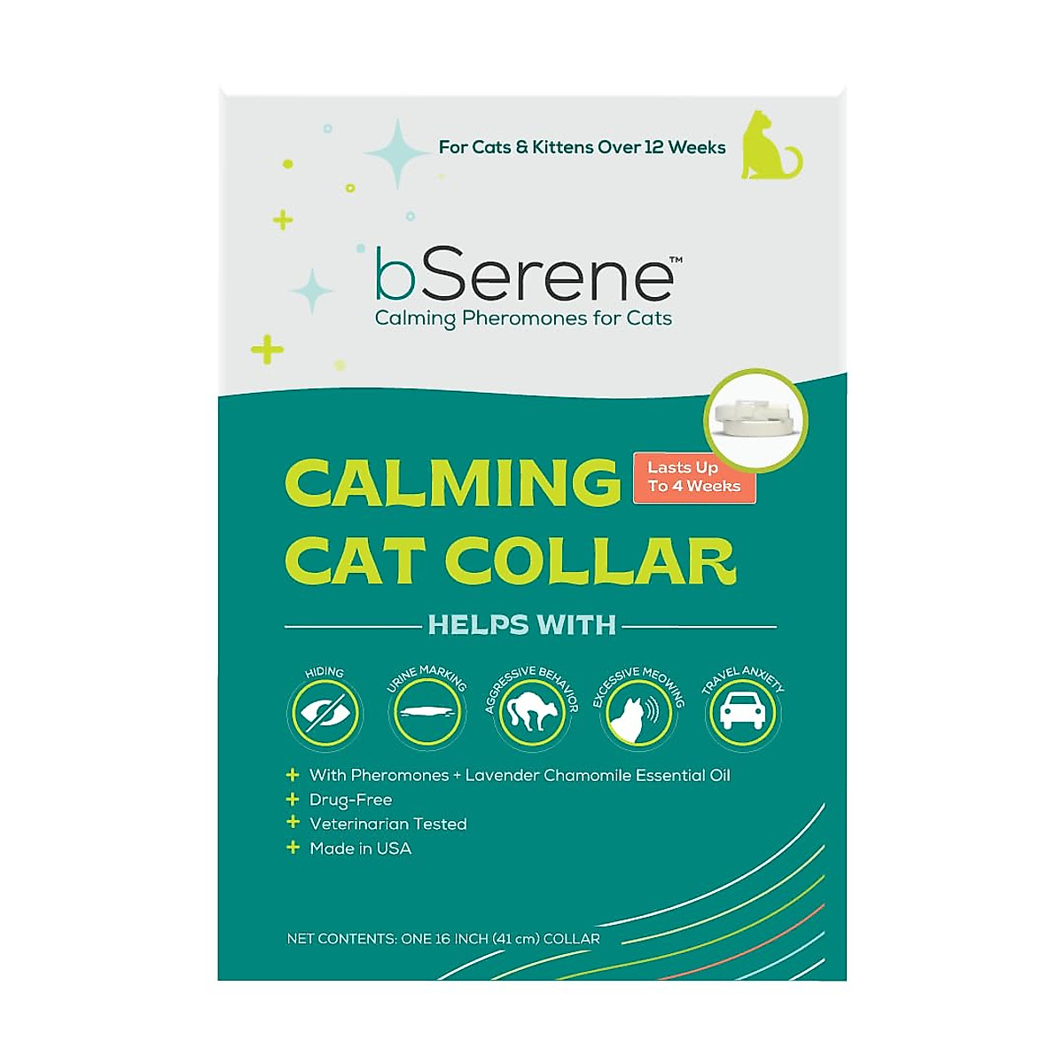 bSerene Pheromone Calming Collar for Cats Up to 30 Days Stress Relief Promotes Calmness, Reduces Hiding, Excessive Meowing, Urine Marking, Aggression, Travel Stress Drug-Free, Vet-Tested