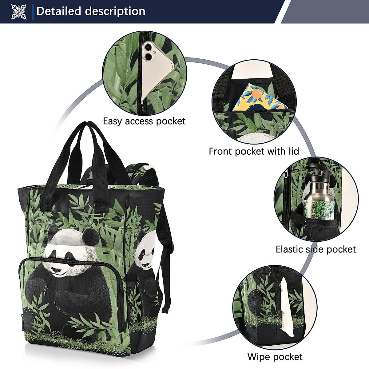 xigua Panda Bear Black Diaper Bag Backpack Multi Function Baby Changing Bags Waterproof Large Capacity Travel Back Pack for Mom Dad