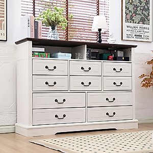 EnHomee 10 Drawers Dresser for Bedroom 55.2''Wide Wood Dresser White Dresser with LED & Power Outlet Large Dressers & Chests of Drawers for Closet,Hallway, 55.2" W x 39.4" H x15.8 D