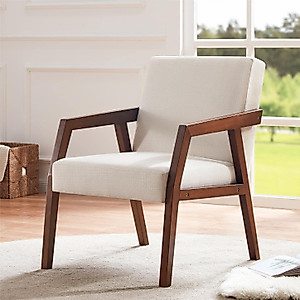 HUIMO Arm Chair Accent Chair, Wooden Mid-Century Modern Accent Chairs, Elegant Upholstered Lounge Chair for Living Room, Bedroom, Linen Fabric Padded Reading Chair, Side Chair (White)