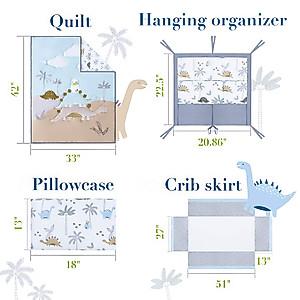Dinosaur Crib Bedding Set for Boys, Crib Set for Boys includes - Dino Blanket, 2 Fitted Sheets, Pillowcase, Crib Skirt, Nursery Organizer - Dino Theme, Blue-White, 6 Piece boy crib bedding set