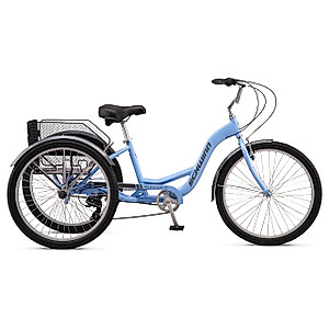 Schwinn Meridian Adult Tricycle Bike, Mens and Womens Three Wheel Beach Cruiser, 26-Inch Wheels, Low Step-Through Frame, Wide Seat, Rear Folding Basket, 7-Speed, Periwinkle