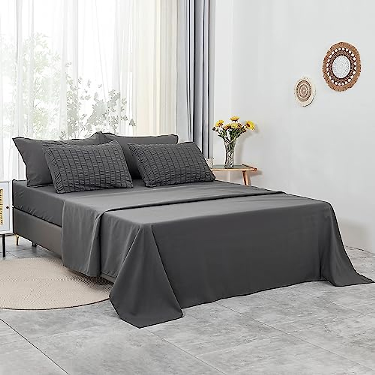 AveLom Dark Grey Comforter Queen Size Set with Sheets - 7 Pieces Bed in a Bag Seersucker Complete Bedding Set, All Season Lightweight Bed Set with Comforter, Sheets, Pillowcases & Shams