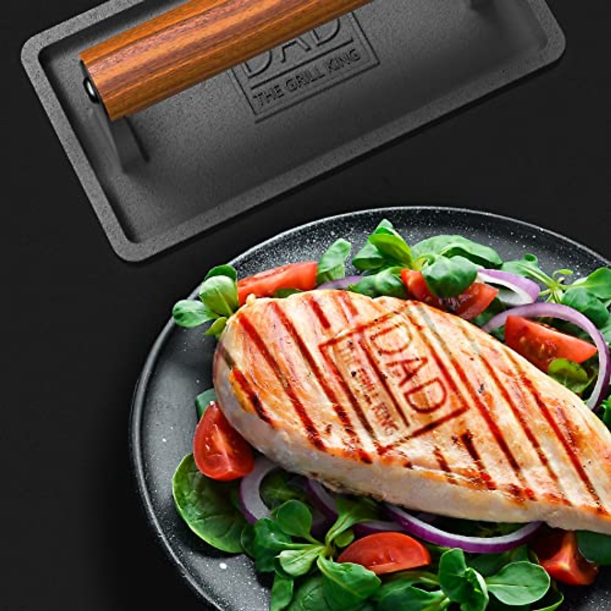 Soho Grilling Gift for Dad, BBQ Cast Iron Grill Press for Smash Burger, Hamburger, Meat, Bacon (2.6 lbs) Cooking Weight with Wood Handle for Christmas/Birthday “Dad The Grill King” (Gift Boxed)
