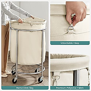 SONGMICS Laundry Basket with Wheels, Rolling Laundry Hamper, Round Laundry Cart with Steel Frame and Removable Bag, 4 Casters and 2 Brakes, Cream and Silver URLS01MZ