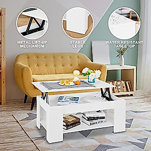SUPER DEAL Lift Top Coffee Table with Hidden Compartment and Storage Shelf, Large Storage Space Rising Tabletop Dining Table Compact Cocktail Table for Living Room Reception Room, 38.6in L, White