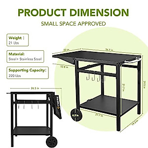 PIZZELLO Outdoor Grill Dining Cart Movable Pizza Oven Trolley BBQ Stand Double -Shelf Outdoor Worktable with 2 Wheels and 4 Hooks