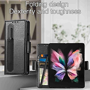 Knoowcase for Samsung Galaxy Z Fold 5 Case Shockproof PU Leather Wallet Card Holder Kickstand Bumper Case with Pen Holder for Samsung Z Fold 5 Phone Case, Black