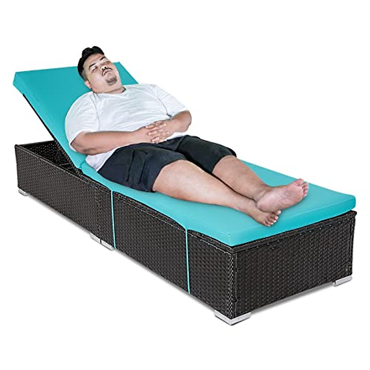 JSUN7 Outdoor PE Wicker Lounge Chair - Rattan Chaise Lounger with Blue Cushion and Adjustable Backrest Recliner