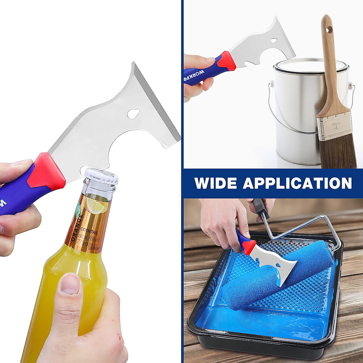 WORKPRO Paint Scraper, 8 in 1 Paint Remover, Metal Putty Knife with Hammer End and Can Opener, Stainless Steel Scraper Tool for Removing Caulk, Painting, Wood and Wallpaper