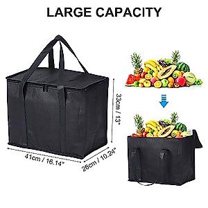 PATIKIL 2 Pack Insulated Reusable Grocery Bag, X-Large Food Delivery Bags with Zipper Thermal Food Bag for Hot/Cold Food Groceries Travel Beach, Black (16"x10"x13")