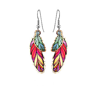 Native American Earrings Women - Feather Earrings - Layered Earrings - Red Feather Earrings Dangle - Green Feather Earrings -Feather Jewellery