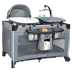 Fijinhom Baby Nursery Center Changing Table 3 in 1 Portable Crib Bedside Playard Foldable with Bassinet Diaper Table Toys Indoor
