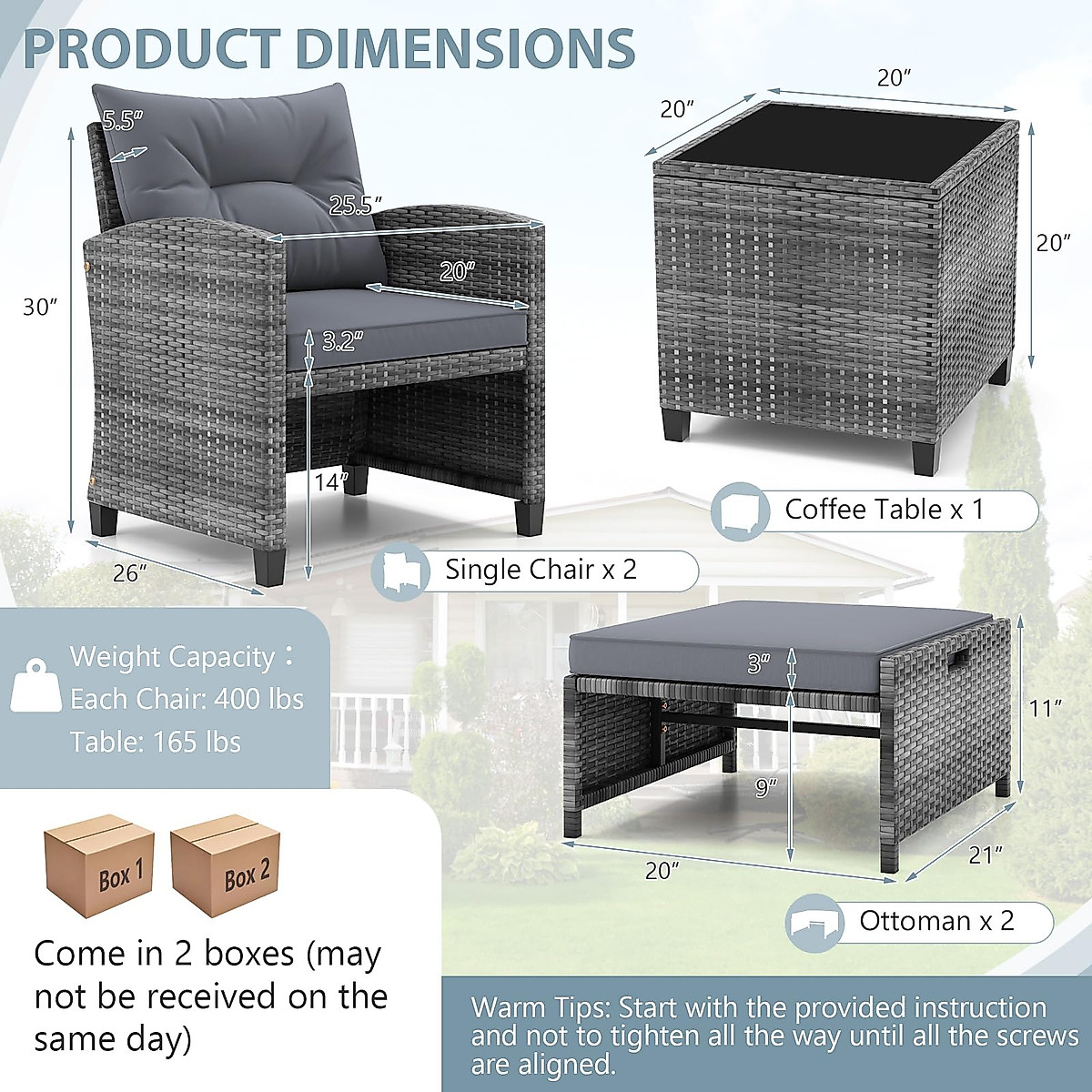 ORALNER 5 Pieces Patio Furniture Set with Ottoman, Wicker Conversation Set w/Cushions, Glass Coffee Table, Outdoor Lounger Rattan Chairs Bistro Set for Porch Balcony Garden Deck Poolside (Grey)