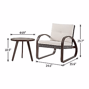 COSIEST 3-Piece Outdoor Patio Bisrto Set, PE Wicker Furniture Sets Aluminum Armchair Club Chairs w Off-White Thickened Cushions, Coffee Table for Garden, Pool, Backyard