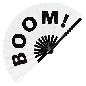 Boom! hand fan foldable bamboo circuit hand fan funny gag slang words expressions statement gifts Festival accessories Rave handheld Circuit event fan Clack fans (White)