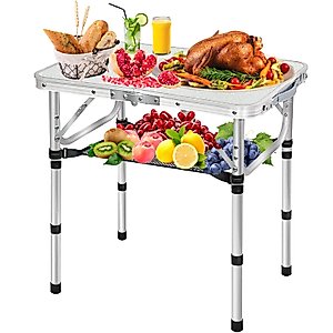 MYCOQU Small Folding Camping Table, 3 Heights Adjustable Portable Folding Camp Table, 2Ft 24''L x 16''W Aluminum Foldable Picnic Table with Mesh Layer, White Folding Table for Outdoor Indoor Beach BBQ